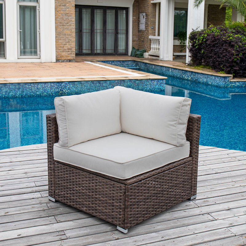 Wrought Studio Taounate Outdoor Furniture Add On Right Corner Chair for Expanding Wicker Sectional Sofa Set with Warm Gray Thick Cushions 1 Floral Fantasy Pillow Wayfair